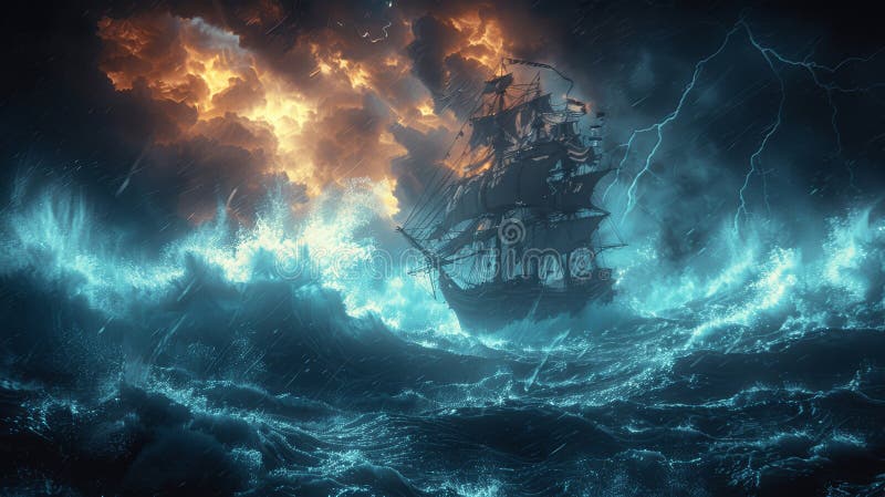 Fantasy Pirate Ship in Stormy Sea with Divine Intervention Stock ...