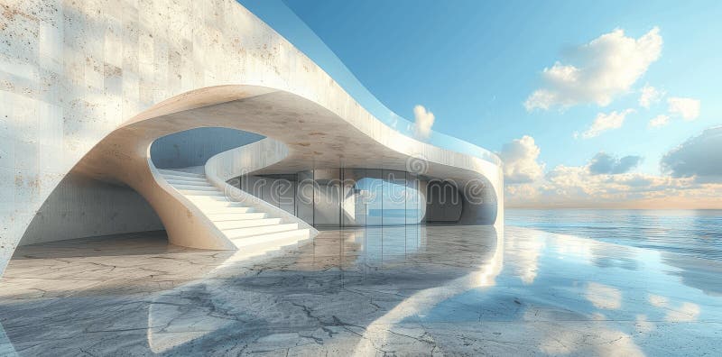 Ultra Realistic 3D Abstract Architecture with Concrete Floor and Blue ...