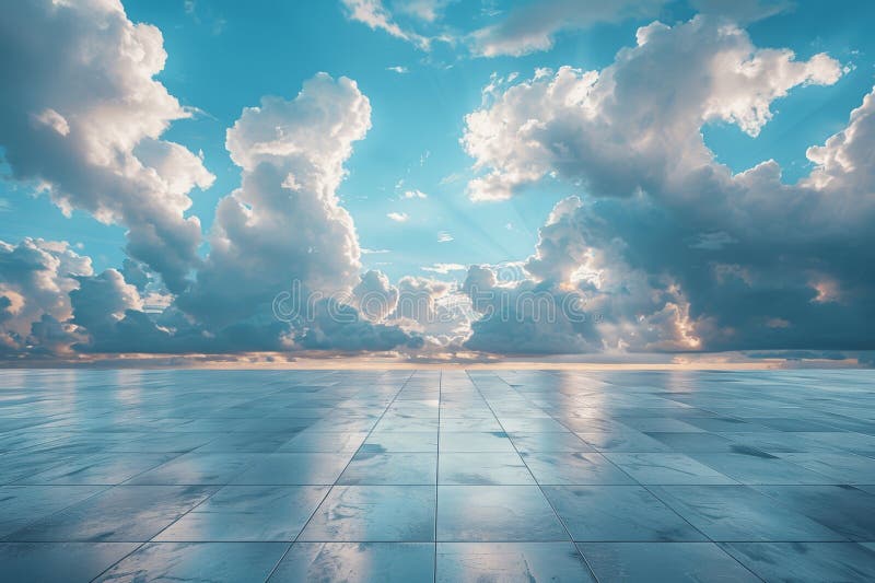 Expansive Tile Floor with Majestic Blue Sky and White Clouds Stock ...