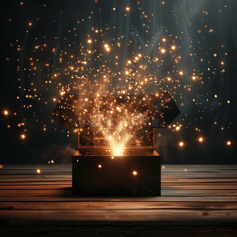 Magical Glowing Box with Sparkling Particles on Wooden Surface Stock ...