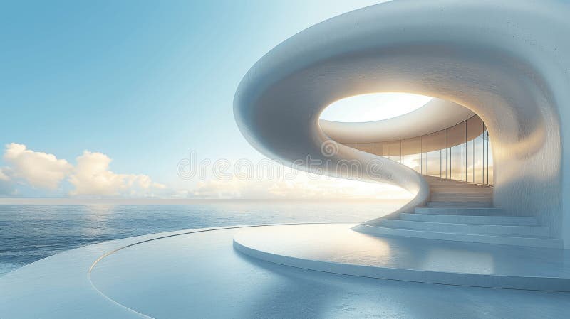 Futuristic Minimalist Design Studio with Curved Lines and Blue Sky ...