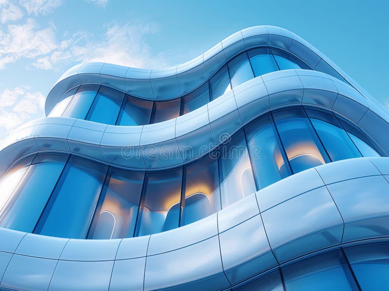 Modern Skyscraper with Curved Glass Windows and Blue Sky Background ...