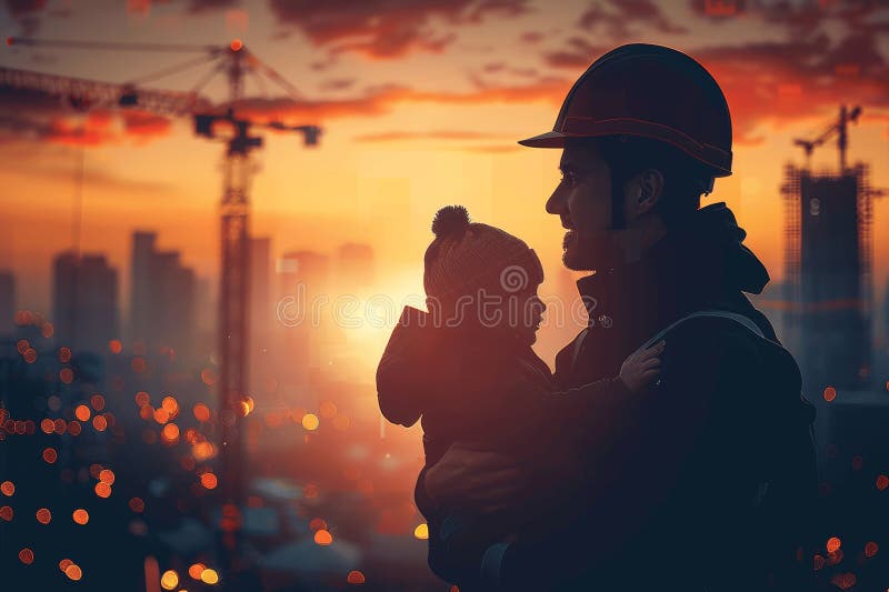 Engineer Father Embracing Child at Sunset Construction Site Stock ...