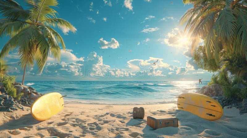 Minimalistic Summer Beach Scene with Surfboards and Sunbeds Stock ...