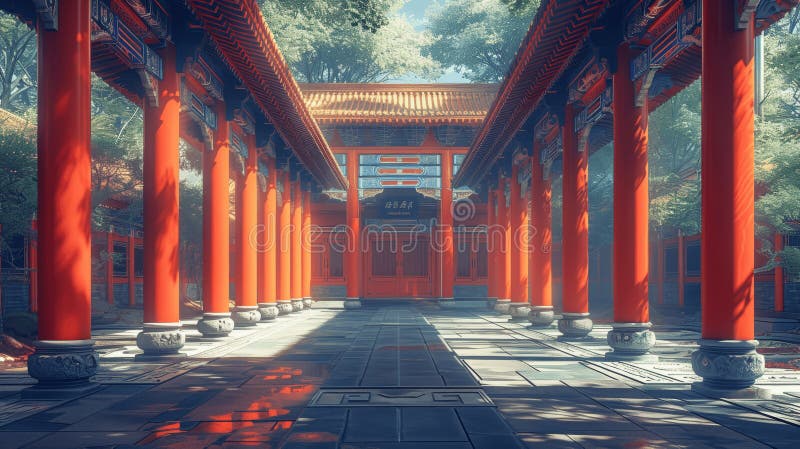 Traditional Chinese Corridor with Red Columns and Stone Pathway Stock ...