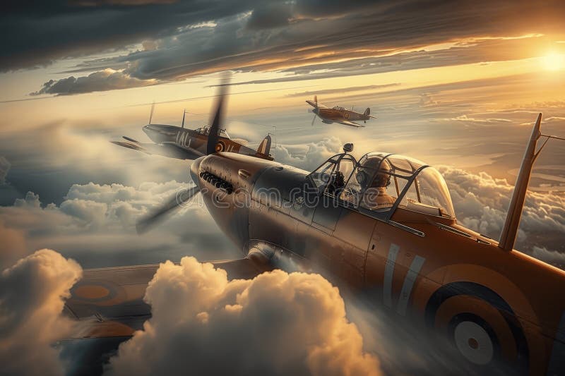 Epic World War II Fighter Planes Formation in Dramatic Sky Stock ...
