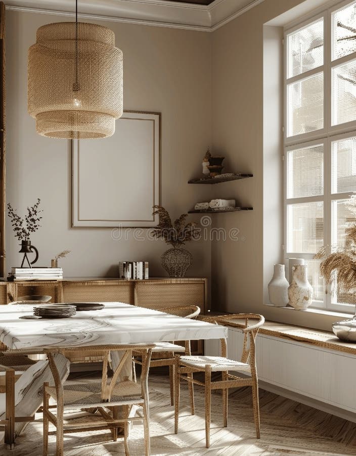 Boho Dining Room with White Marble Table and Rattan Chairs Stock ...
