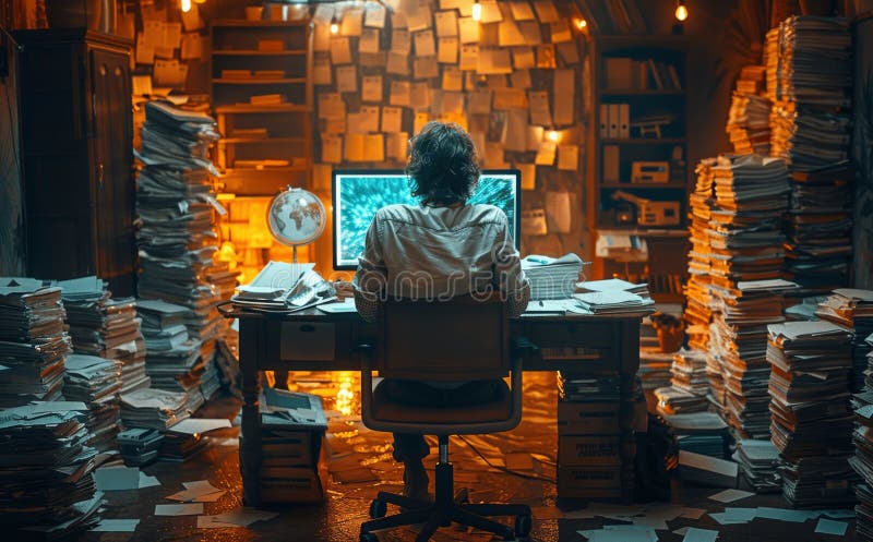 Exhausted Office Worker Drowning in Paperwork at Late Night Stock ...