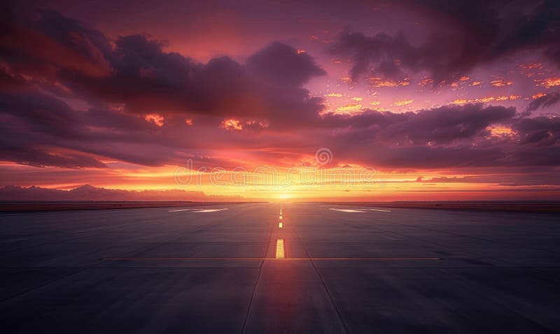 Dramatic Sunset Over Airport Runway with Deep Purples and Oranges Stock ...