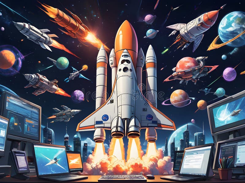 Manga Style Shuttle or Rocket Launch Pad with Computers Stock ...