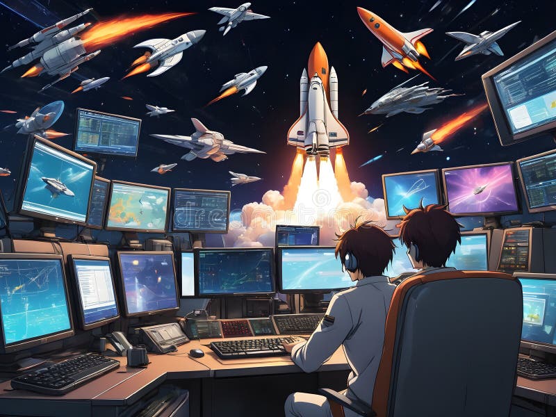 Manga Style Shuttle or Rocket Launch Pad with Computers Stock ...