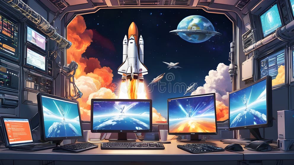 Manga Style Shuttle or Rocket Launch Pad with Computers Stock ...