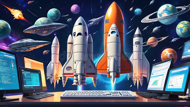 Manga Style Shuttle or Rocket Launch Pad with Computers Stock ...