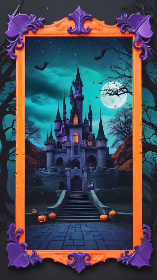 Spooky Halloween Castle Surrounded by Pumpkins and Bats Stock Illustration - Illustration of ...