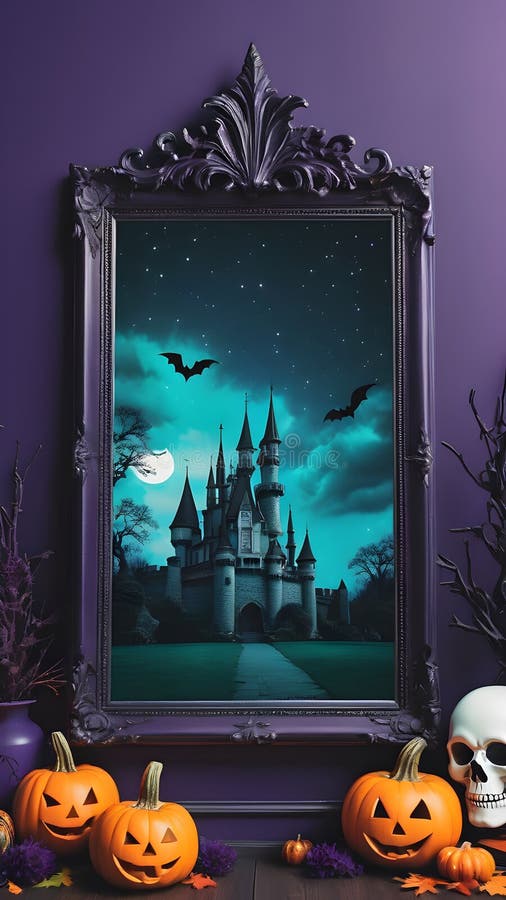 Spooky Halloween Castle Surrounded by Pumpkins and Bats Stock Illustration - Illustration of ...