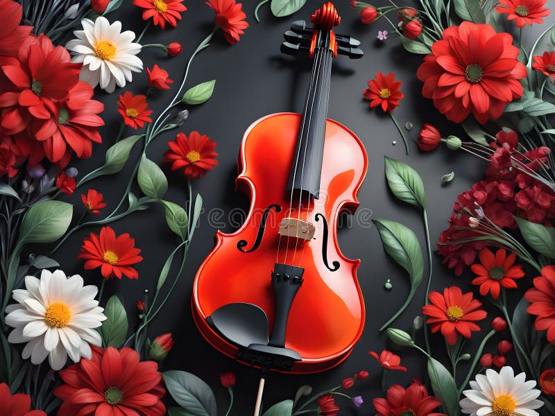 Violin Surrounded by Roses and Red Flowers on Black Background Stock ...