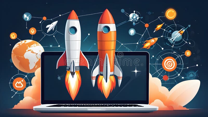 Rocket Spaceship Illustration Launch from Laptop Computer Technology ...