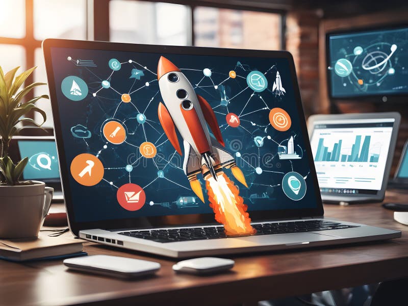Rocket Spaceship Illustration Launch from Laptop Computer Technology ...