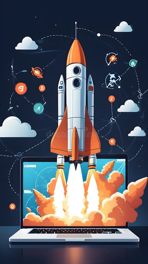 Rocket Spaceship Illustration Launch from Laptop Computer Technology ...