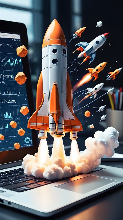 Rocket Spaceship Illustration Launch from Laptop Computer Technology ...