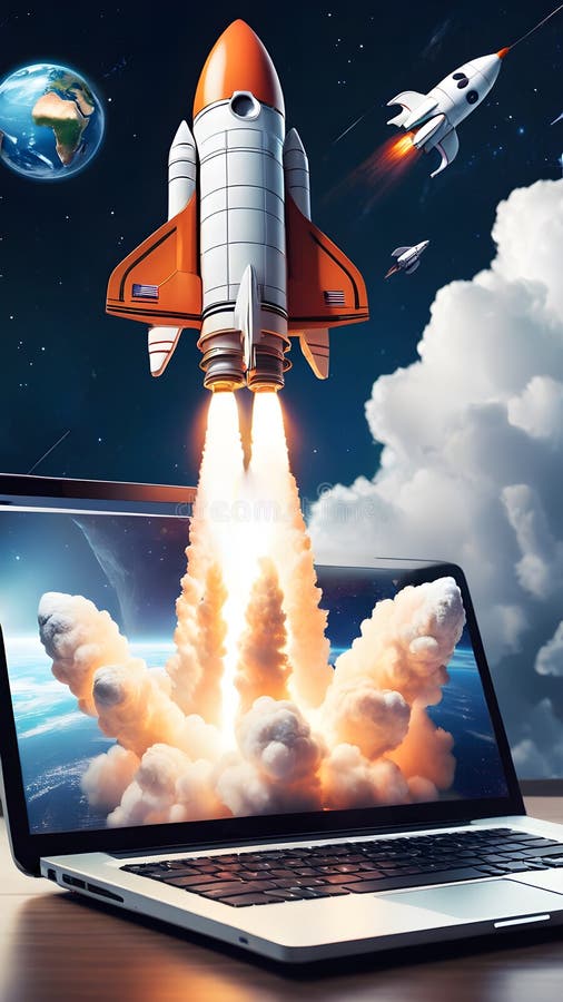 Rocket Spaceship Illustration Launch from Laptop Computer Technology ...