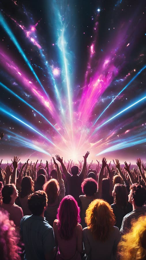 Happy Universe Concert Lights Crowd Party People Festival Rave Stock ...