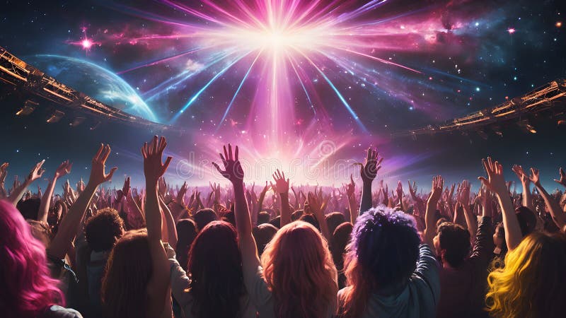 Happy Universe Concert Lights Crowd Party People Festival Rave Stock ...
