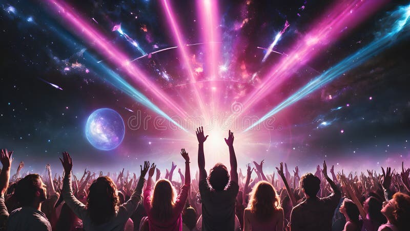 Happy Universe Concert Lights Crowd Party People Festival Rave Stock ...