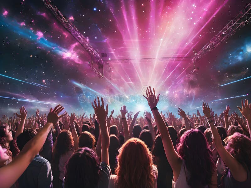 Happy Universe Concert Lights Crowd Party People Festival Rave Stock ...