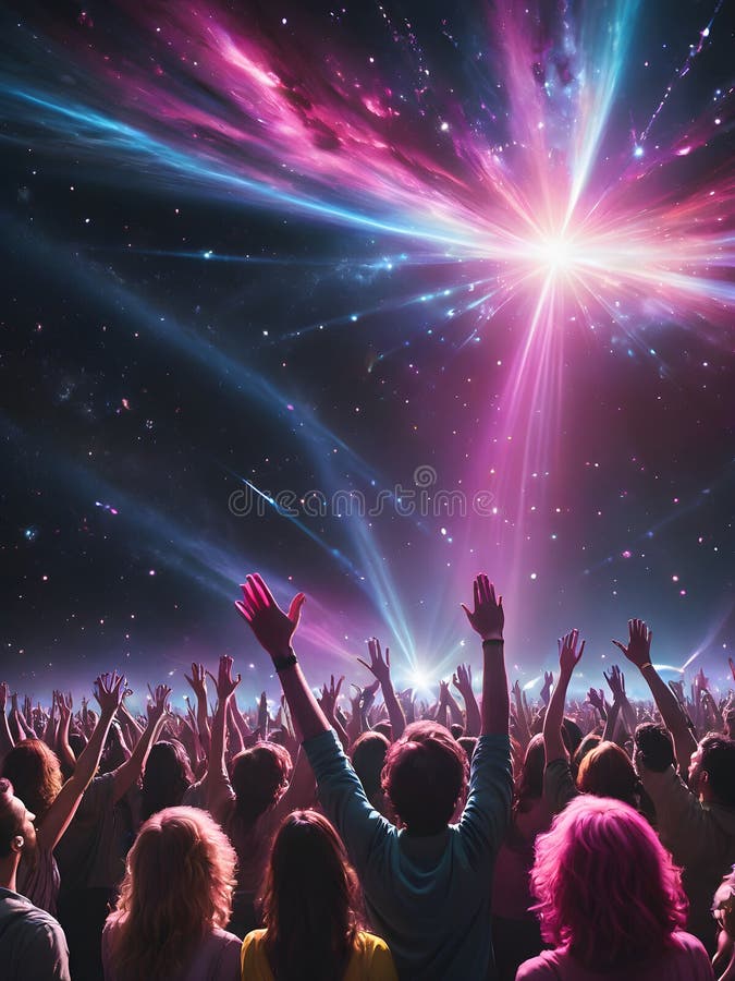 Happy Universe Concert Lights Crowd Party People Festival Rave Stock ...