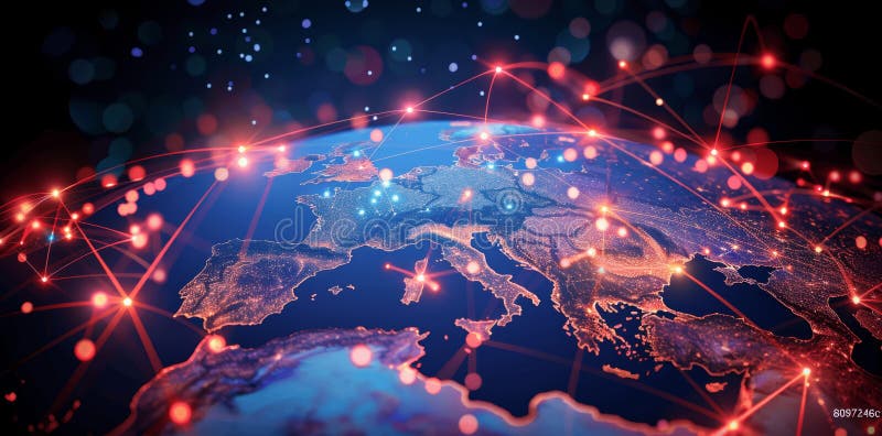 Abstract Digital Map of Europe with Glowing Connections and Light Beams ...