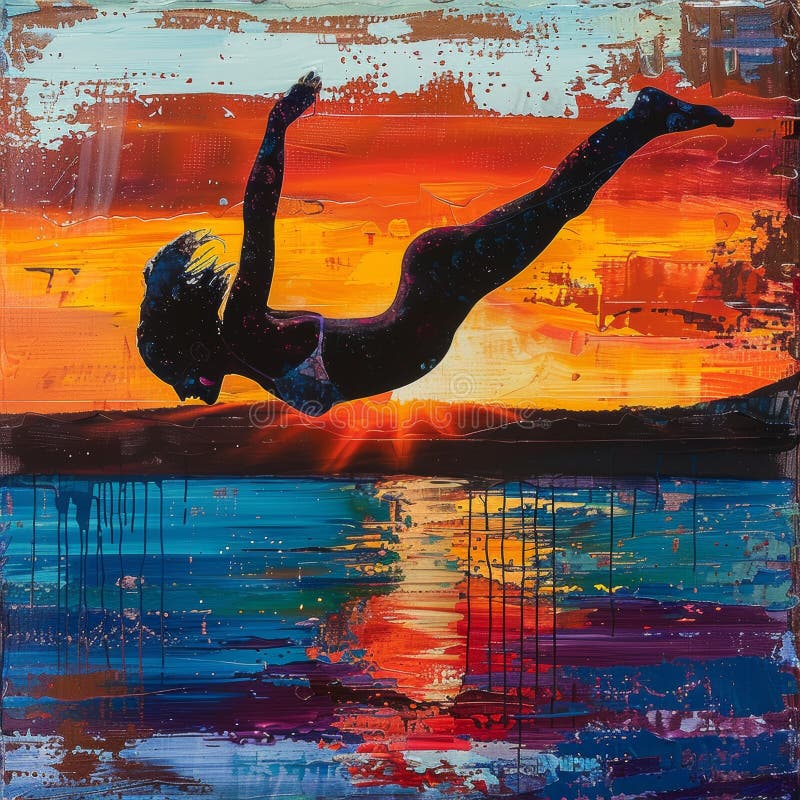 Graceful Woman Diving into the Canadian Sunset Stock Illustration ...