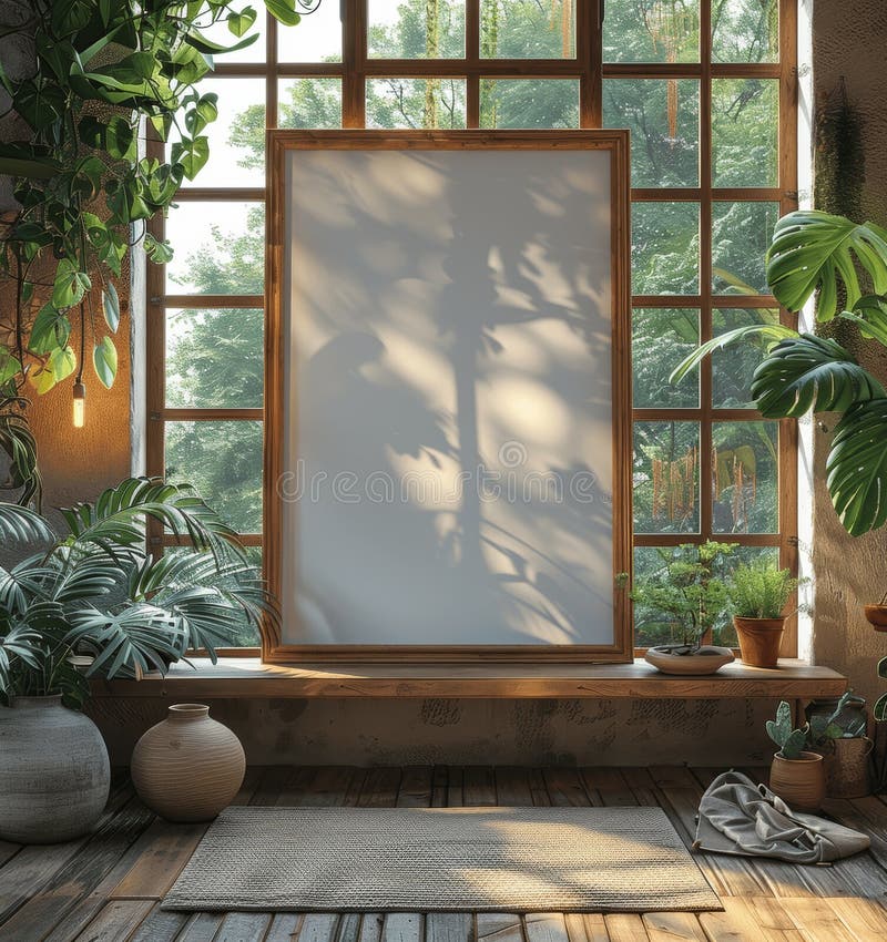 Elegant Blank Frame Mockup on Window Sill with Greenery Background ...