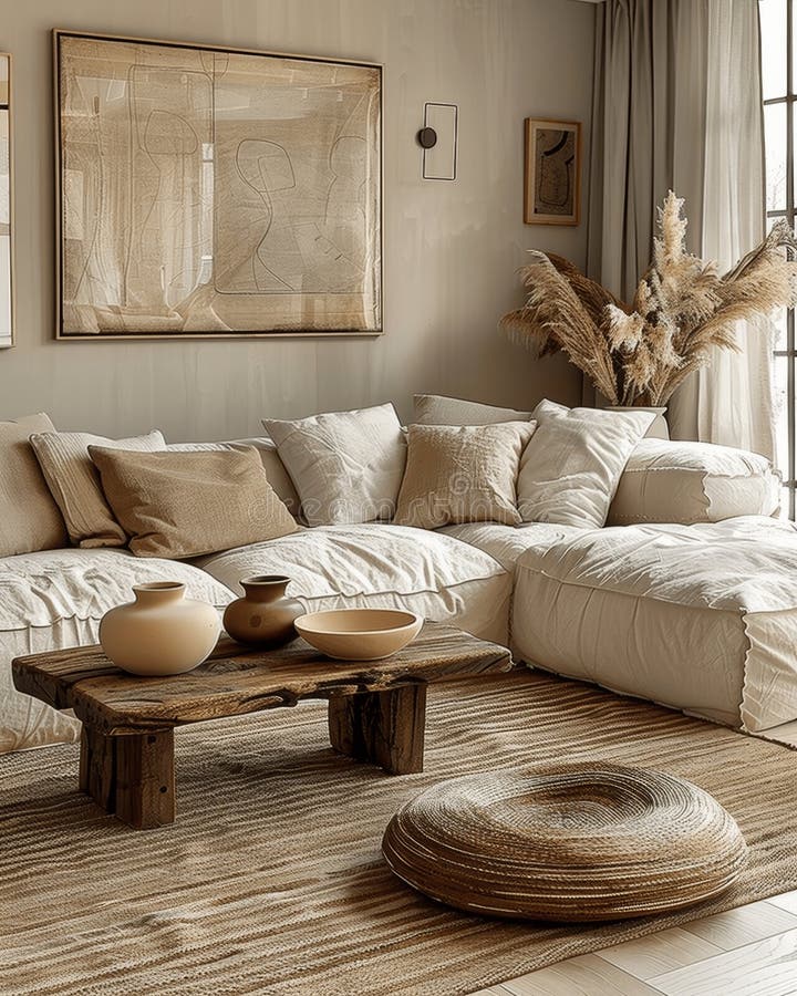 Boho Style Living Room Interior with Beige Sofa and Floor Cushion Stock ...