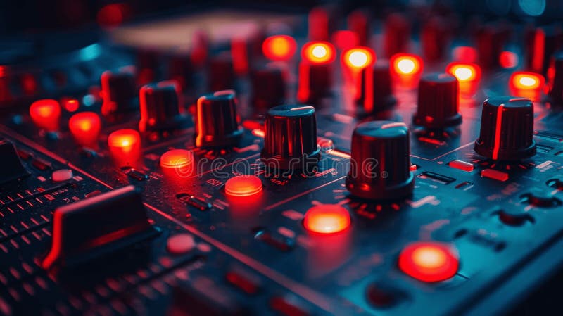 Red Glowing DJ Console Lights at Nightclub with Bokeh Effect Stock ...