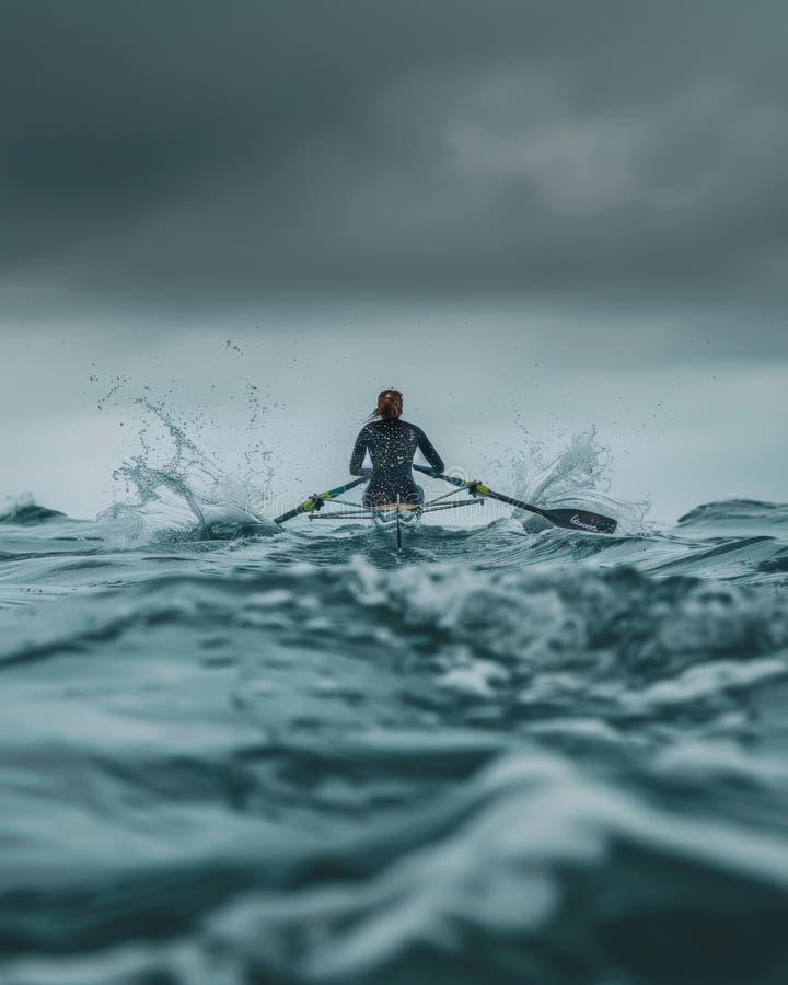 Intense Female Rower Conquering Choppy Waters in Australia Stock ...