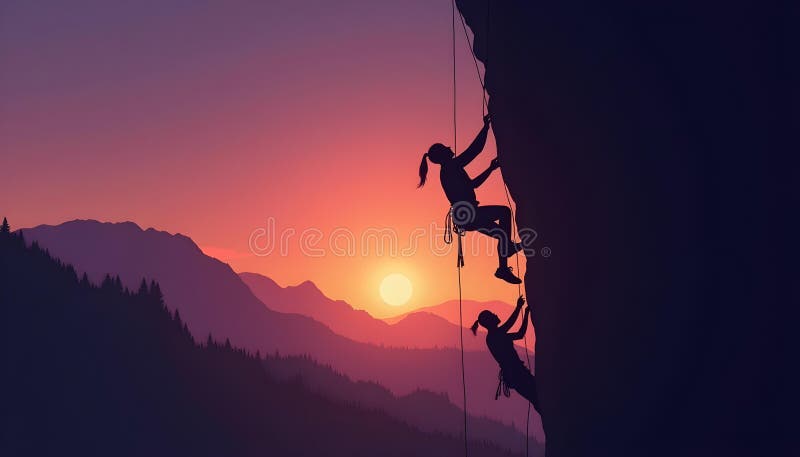 Sport Climbing Silhouettes Against a Purple Sunset Stock Illustration ...
