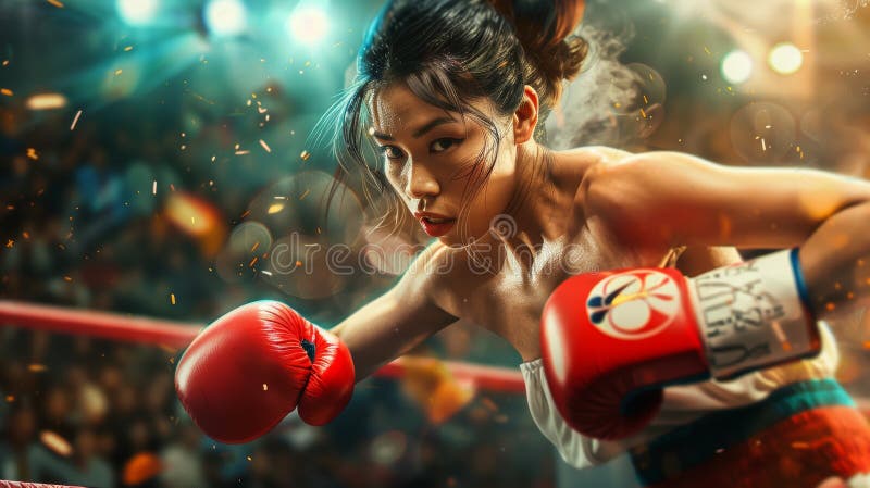 Dynamic Action of a Japanese Female Flyweight Boxer in the Ring Stock ...
