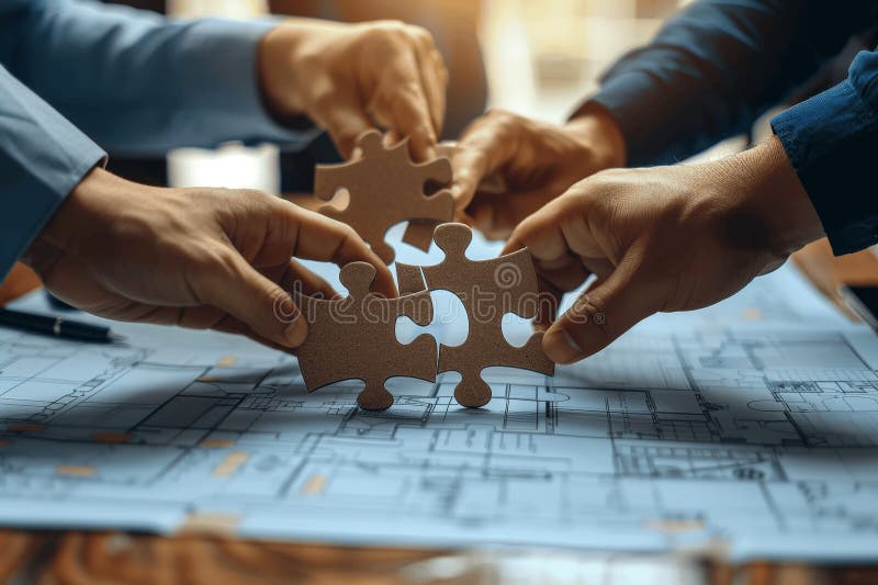 Business Collaboration and Teamwork with Puzzle Pieces and Blueprints ...