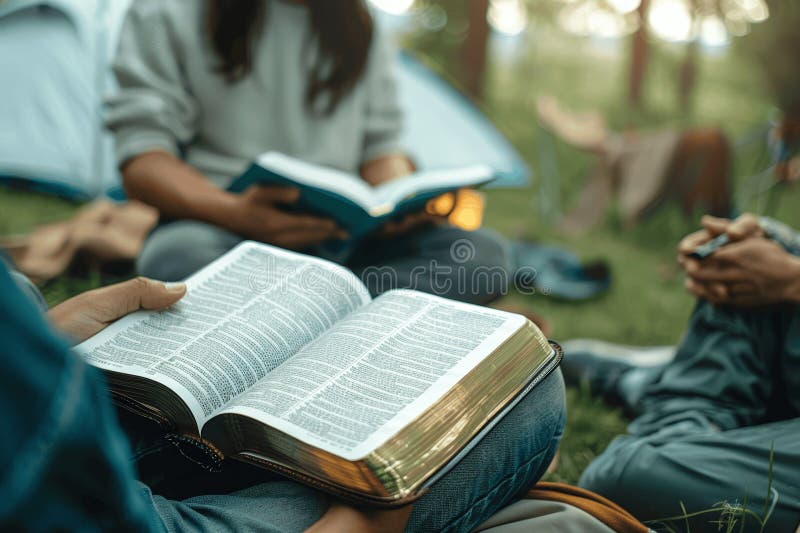 Young People Reading Bible Outdoors in a Park with Dog Stock ...
