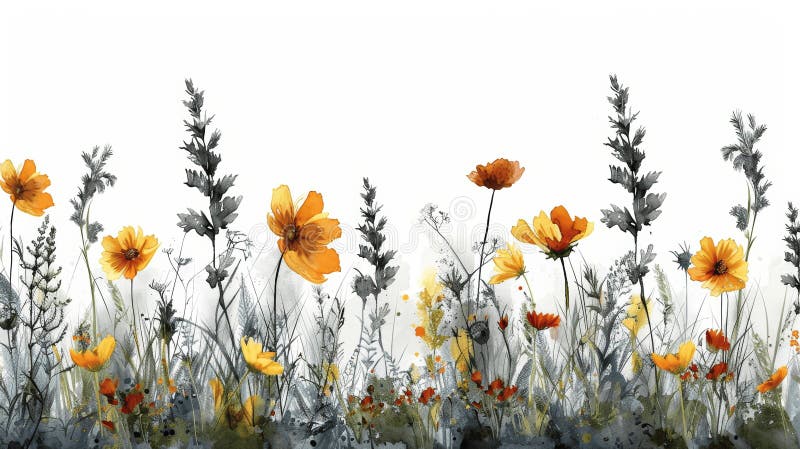 Minimalistic Hand Drawn Wildflower Meadow Border in Black Ink Stock ...