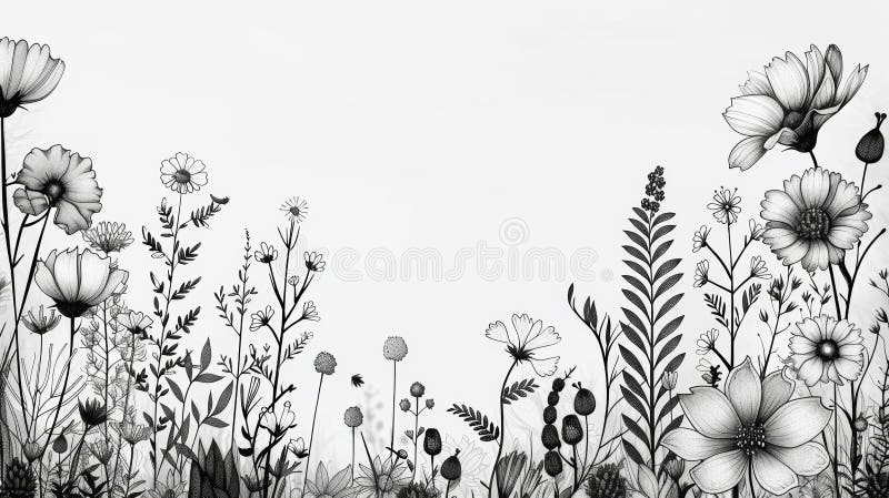 Minimalistic Hand-Drawn Wildflower Meadow Border Vector Art Stock ...