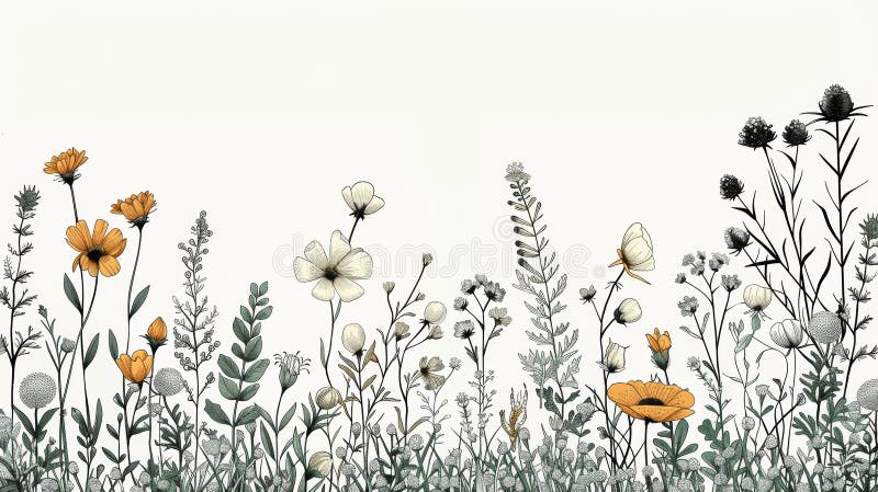 Hand-Drawn Wildflower Meadow Border with High Detail Stock Illustration ...