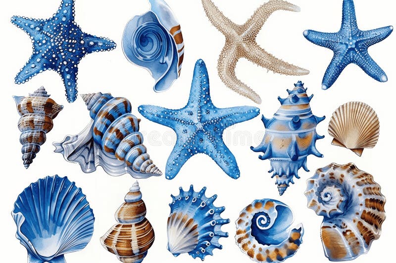 Blue Watercolor Starfish and Seashells Set Danish Pastel Style Stock ...