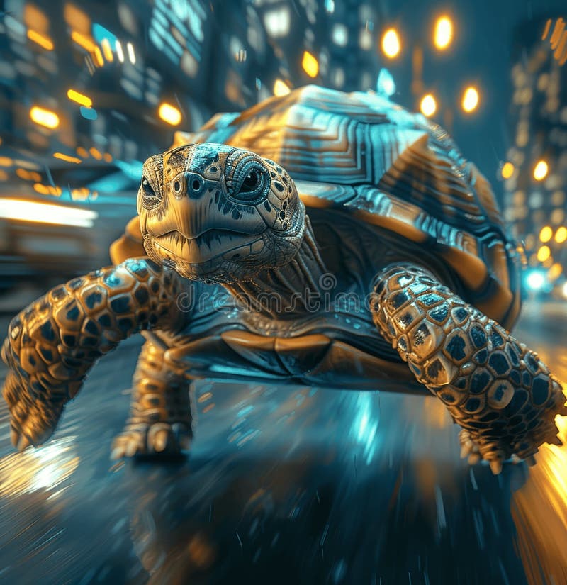 Dynamic Nighttime Turtle Speeding through a Glowing Urban Street Stock ...