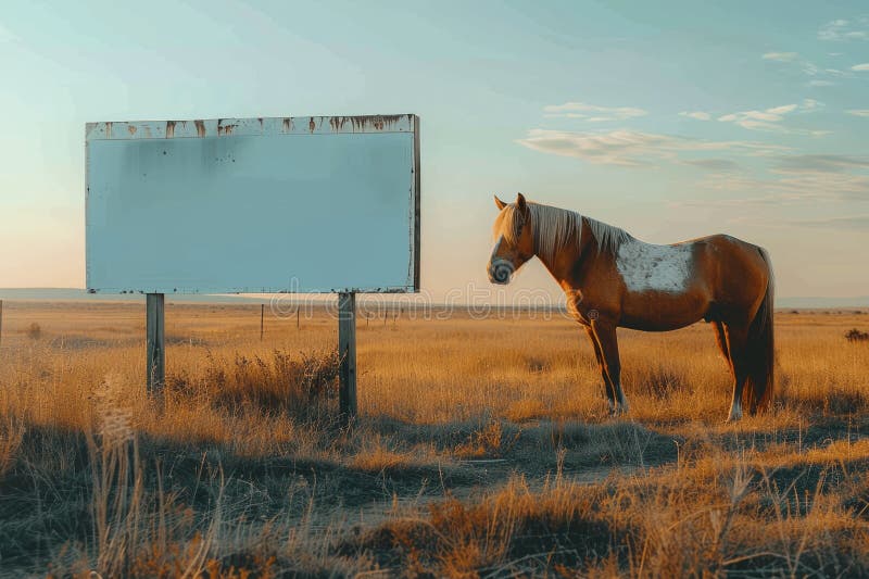 Brown Horse and Blank Billboard in Serene Pasture at Golden Hour Stock ...