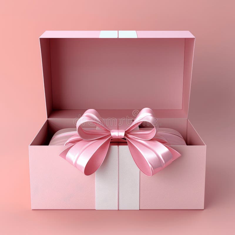 Minimalistic Open Gift Box with Pink Ribbon on Pastel Background Stock ...