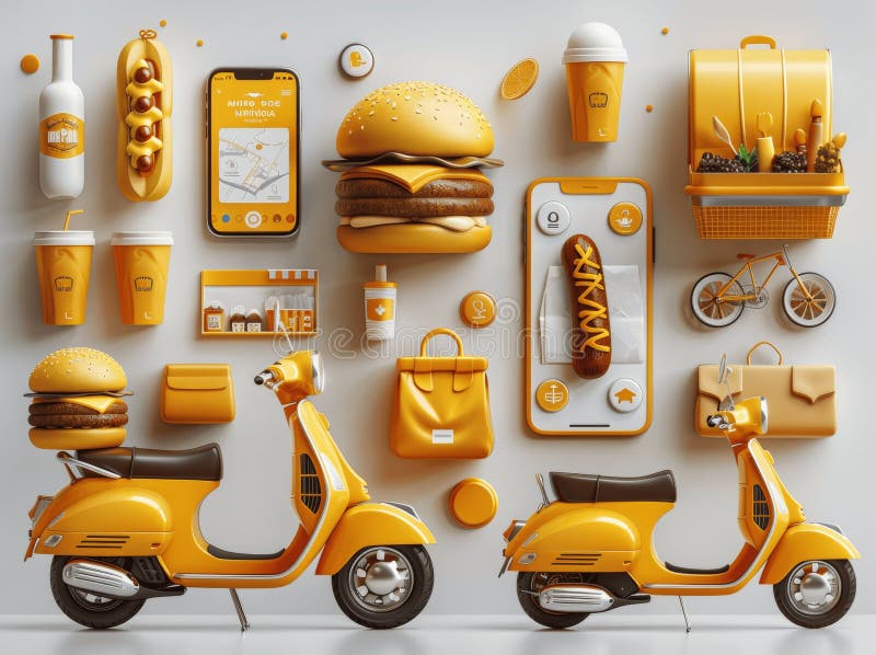 3D Fast Food Delivery Elements with Mobile App Interface Stock ...