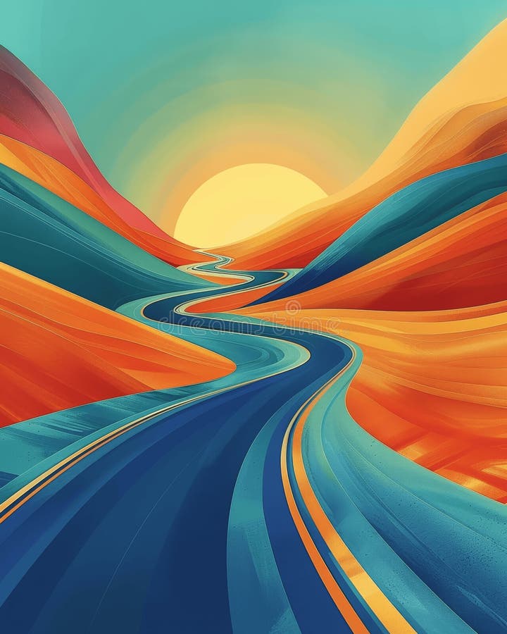 Modern Vector Road with Gradient Sky and Colorful Curves Stock ...