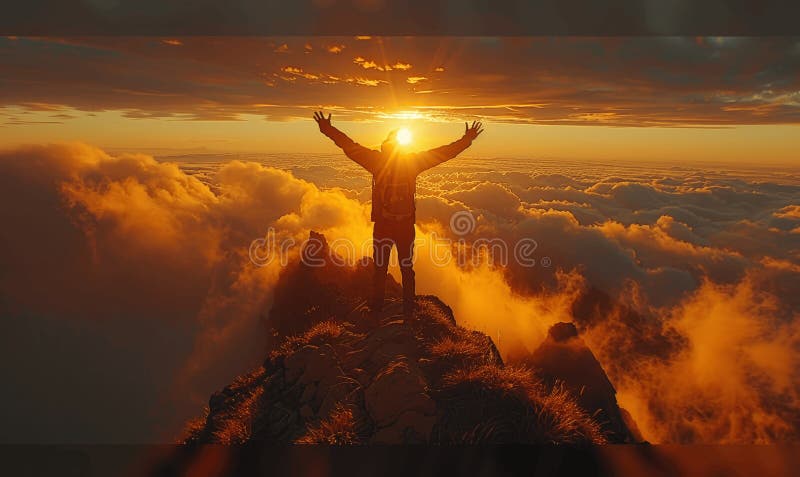 Triumphant Hiker at Sunset Over a Sea of Clouds Stock Illustration ...